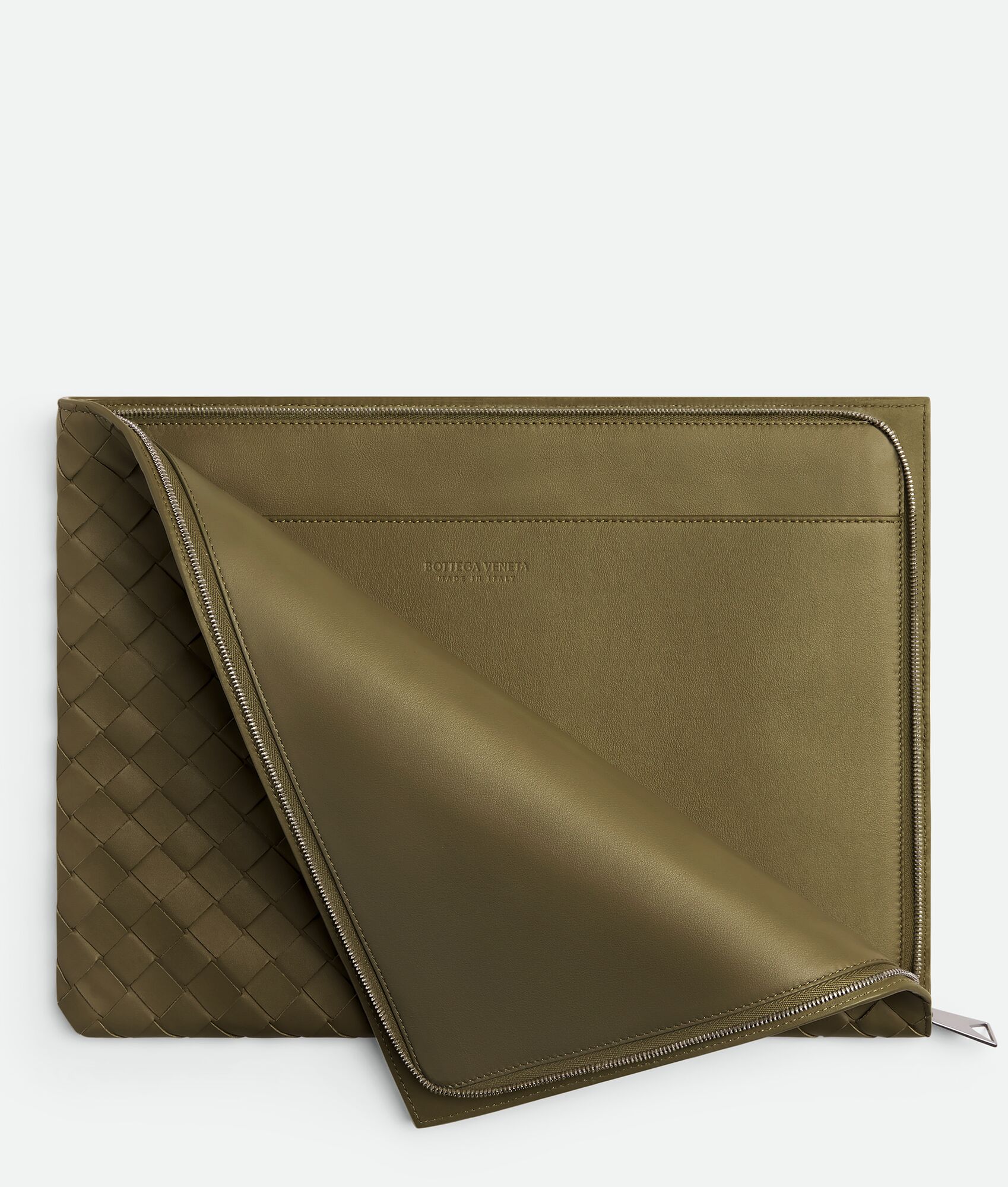 Bottega Veneta® Men's Intrecciato Half Zip Pouch in Mud. Shop online now.